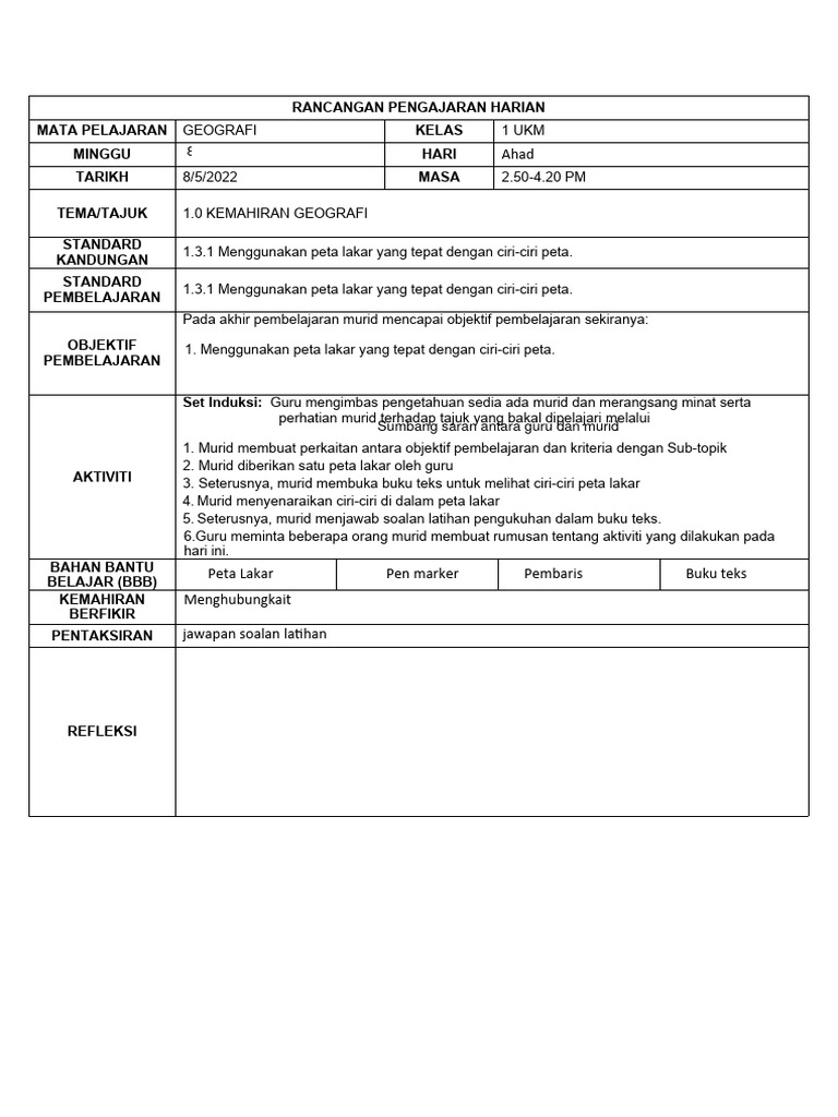 RPH Geo Minggu 8 Tingkatan 1 | PDF