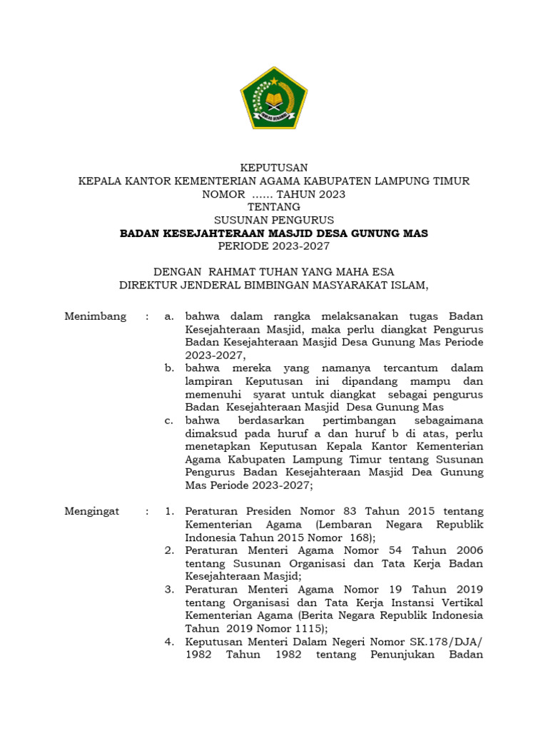 SK PENGURUS BKM DESA Gunung Mas | PDF