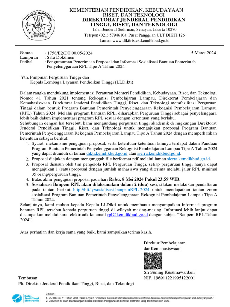 Pengumuman Bantuan RPL 2024 untuk PT | PDF