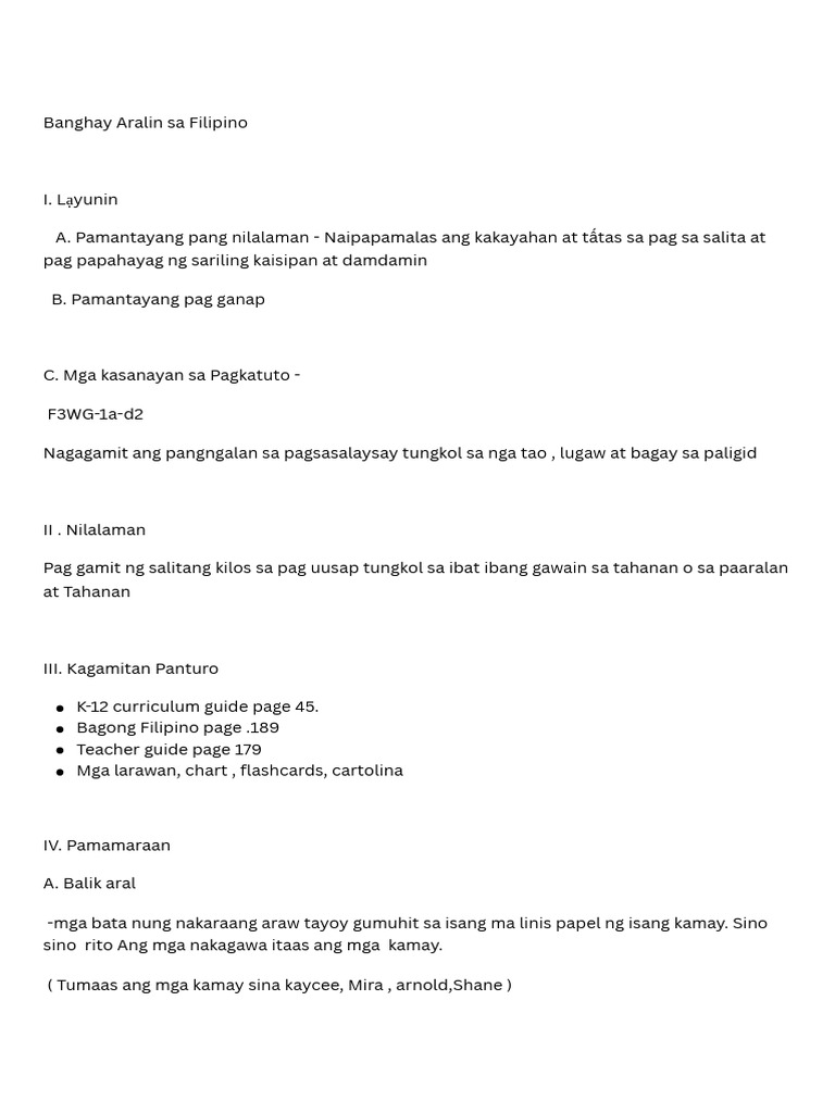 Banghay Aralin Sa Filipino | PDF
