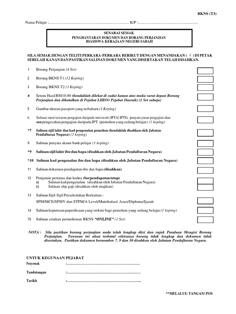 Borang Senarai Semak BKNS T3 | PDF