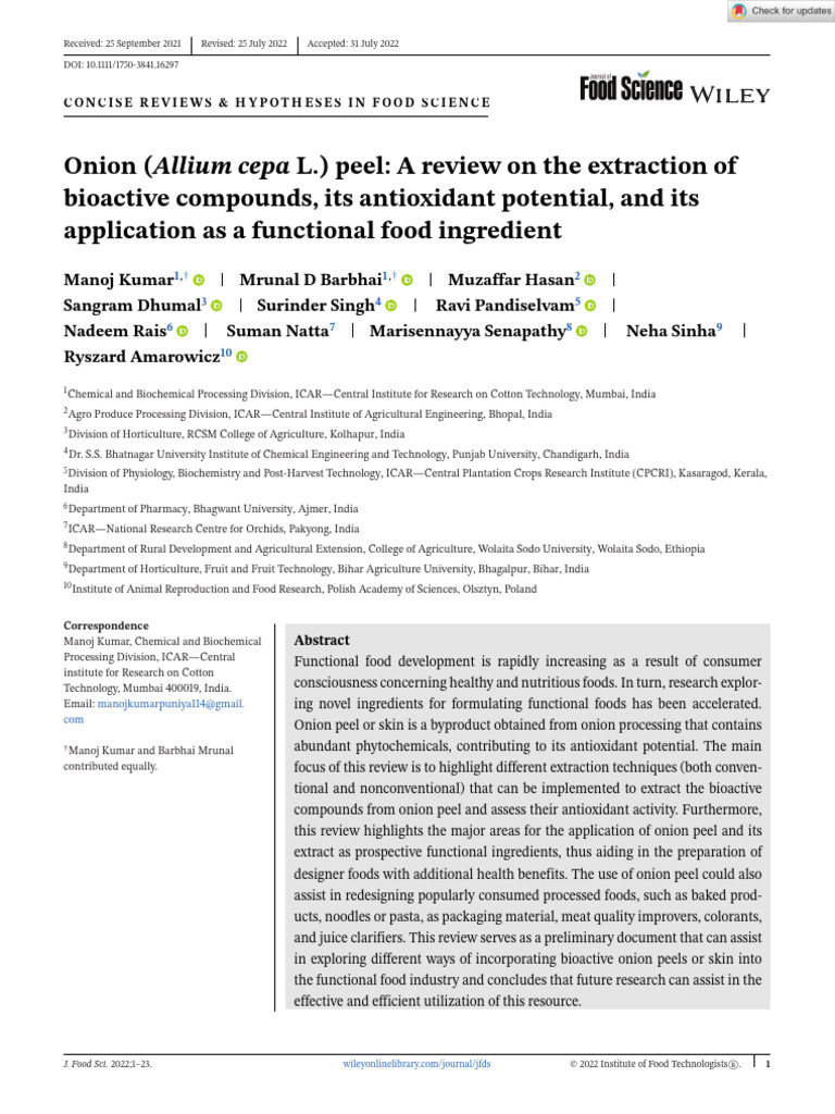 Journal of Food Science - 2022 - Kumar - Onion Allium Cepa L Peel A ...