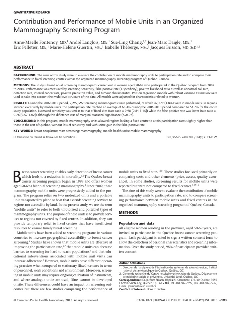 Mobile Mammography Units in Quebec Study | PDF | Mammography ...