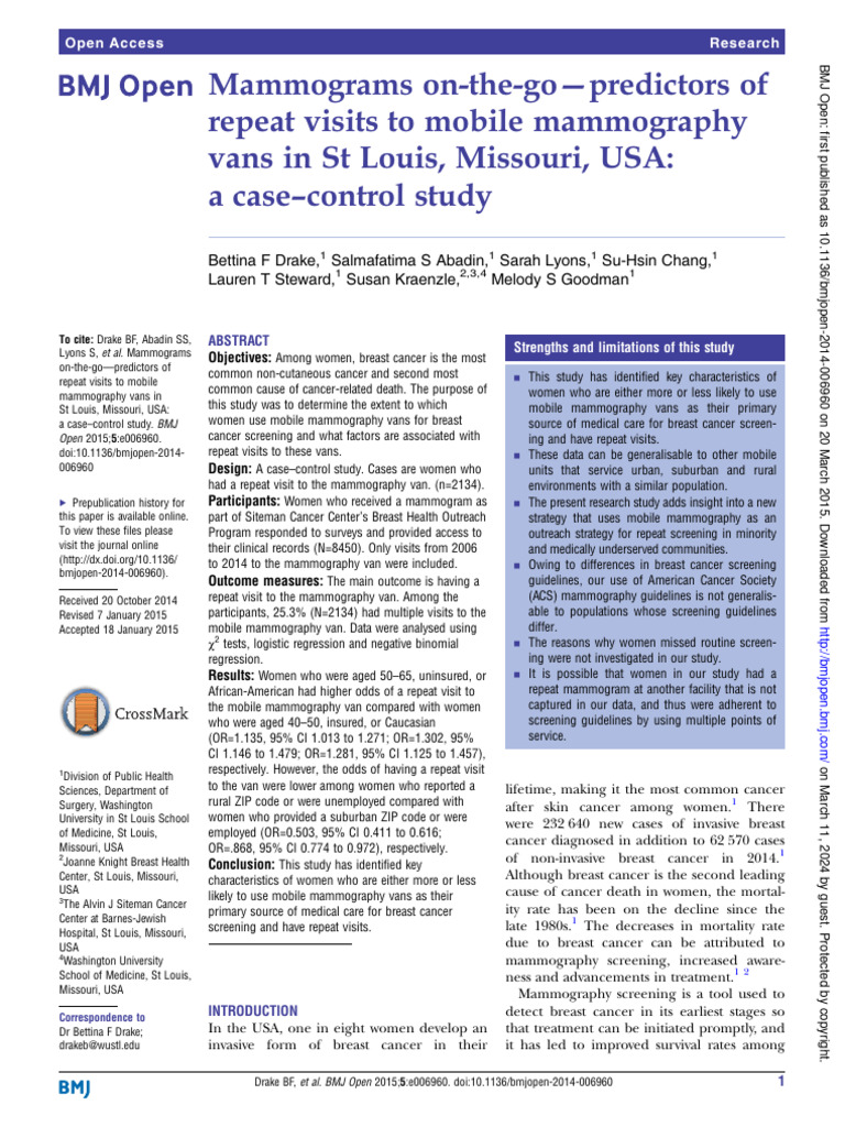 Mammograms On-The-Go-Predictors of Repeat Visits | PDF | Mammography ...