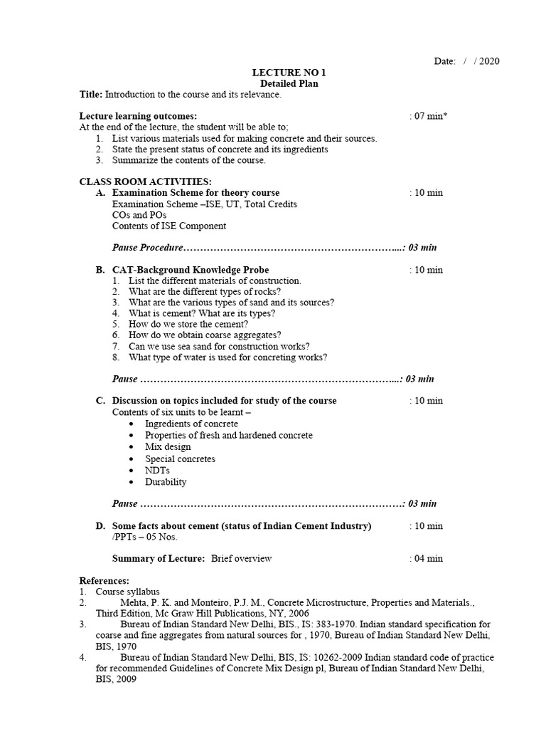 Minutewise Lecture Plan | PDF | Concrete | Cement