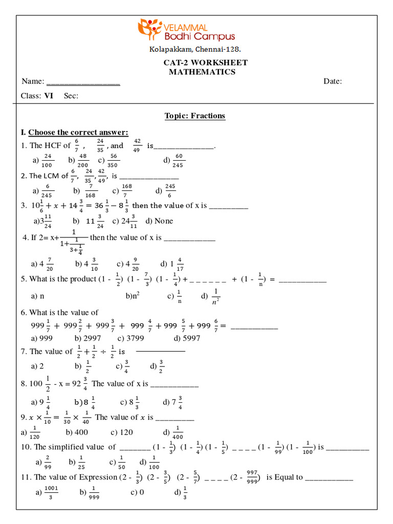 Vi Fractions Work Sheet 1 | PDF | Mathematics | Arithmetic
