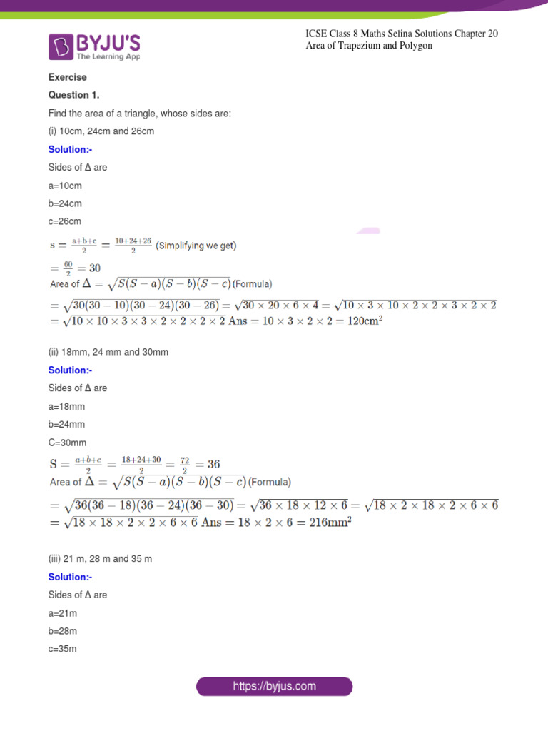 ICSE Class 8 Maths Selina Solutions Chapter 20 Area of Trapezium and Polygon | Download Free PDF ...