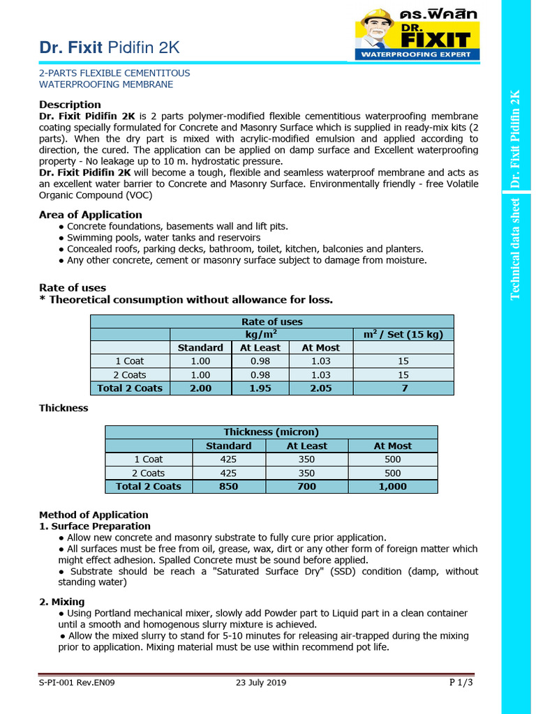 TDS Pidifin 2K Eng Rev.09 23 07 19 | PDF | Concrete | Civil Engineering