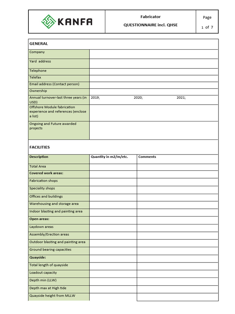Fabrication QUESTIONNAIRE Incl. QHSE | PDF | Audit