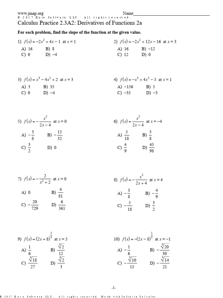 Calculus Derivatives Practice Worksheet | PDF | Derivative | Functions ...