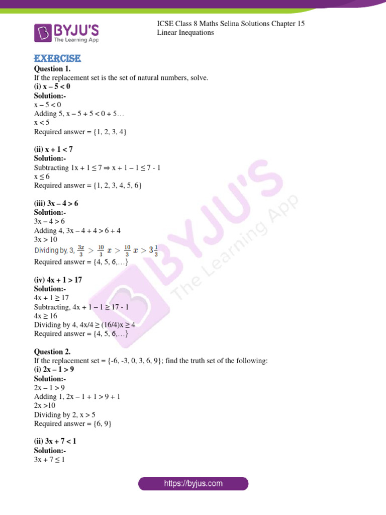 ICSE Class 8 Maths Selina Solutions Chapter 15 Linear Inequations | PDF ...