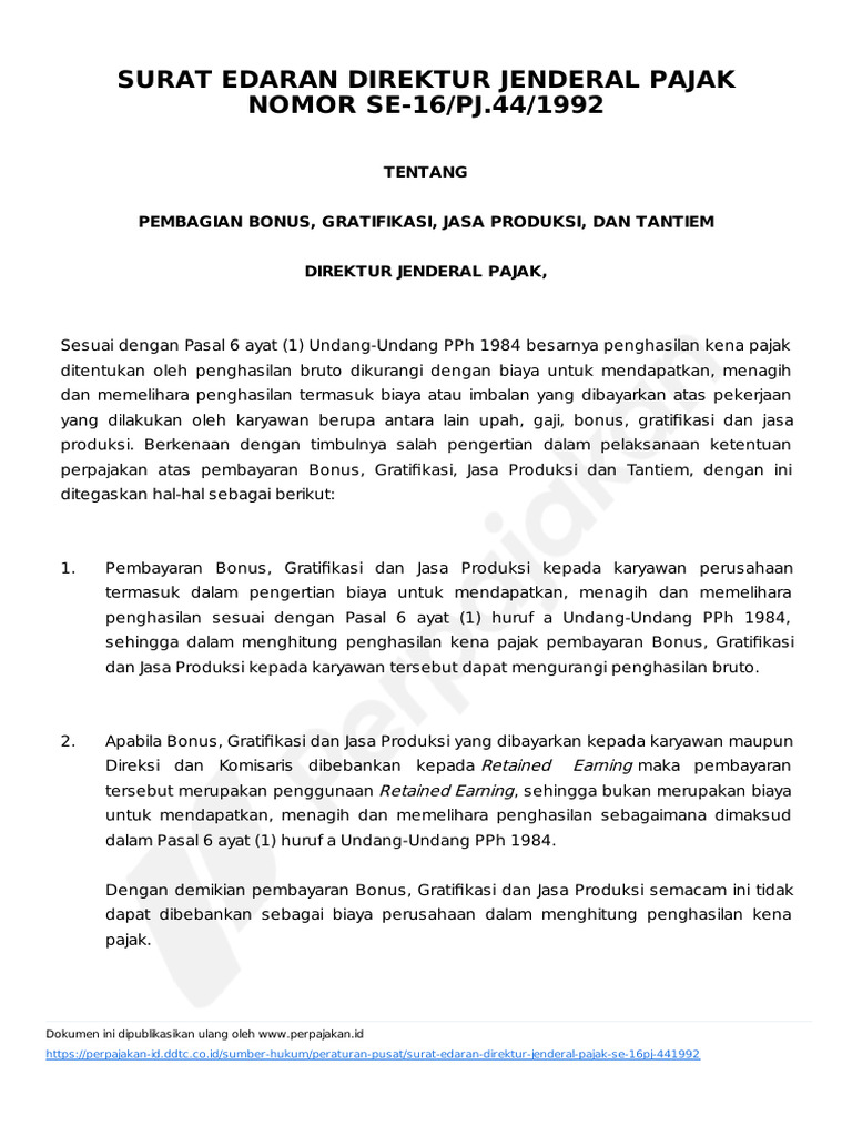 Surat Edaran Direktur Jenderal Pajak Nomor - SE-16 - PJ.44 - 1992 | PDF Surat Edaran Direktur Jenderal Pajak Nomor - SE-16 - PJ.44 - 1992 | PDF