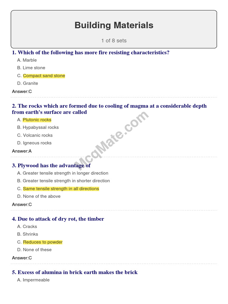 Building Materials MCQs and Answers | PDF