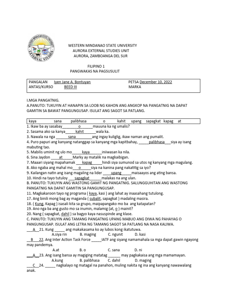 Filipino Final Exam | PDF