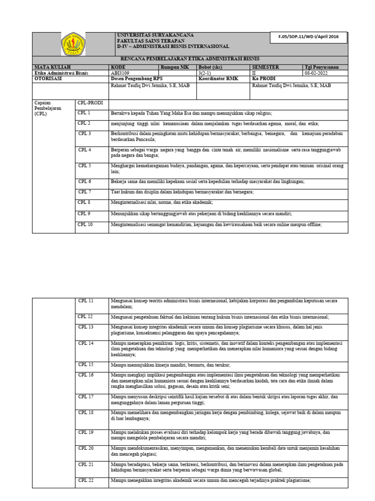 RPS - Etika Administrasi Bisnis - ABI II | PDF
