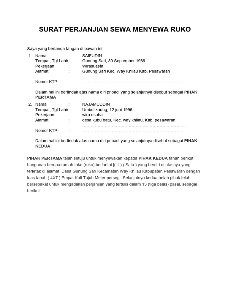 Surat Perjanjian Sewa Menyewa Ruko Pdf