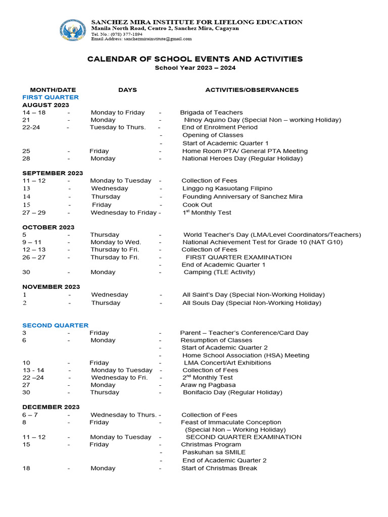 SMILE - School Calendar and Class Program | PDF | Observances | Holidays