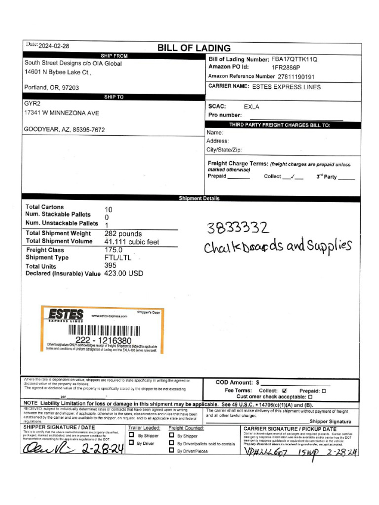 FBA17QTTK11Q - Signed Bill of Lading | PDF