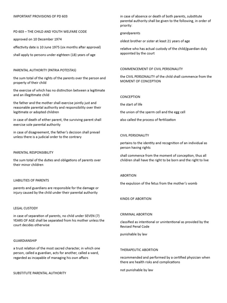 Key Provisions of PD 603: Child Welfare | PDF | Legal Guardian | Human ...