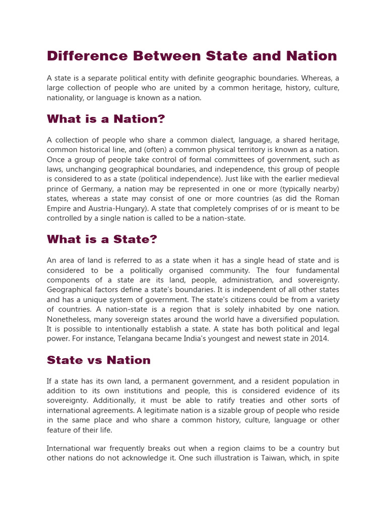 Difference Between State and Nation | PDF | Nation | State (Polity)