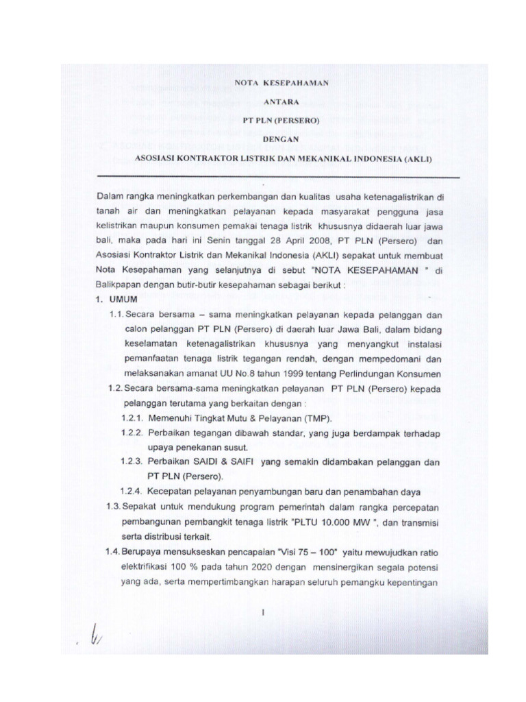 Nota Kesepahaman Akli PLN | PDF