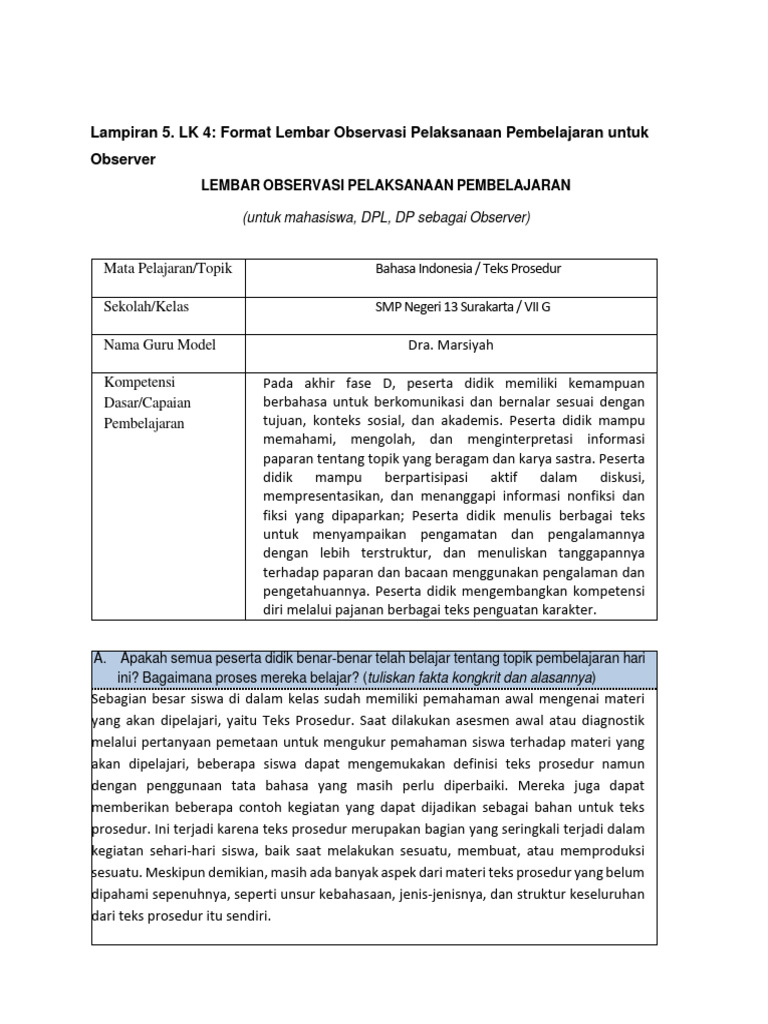 LK 4 - Lembar Observasi Pembelajaran Pada Pembelajaran Ke-1 | PDF