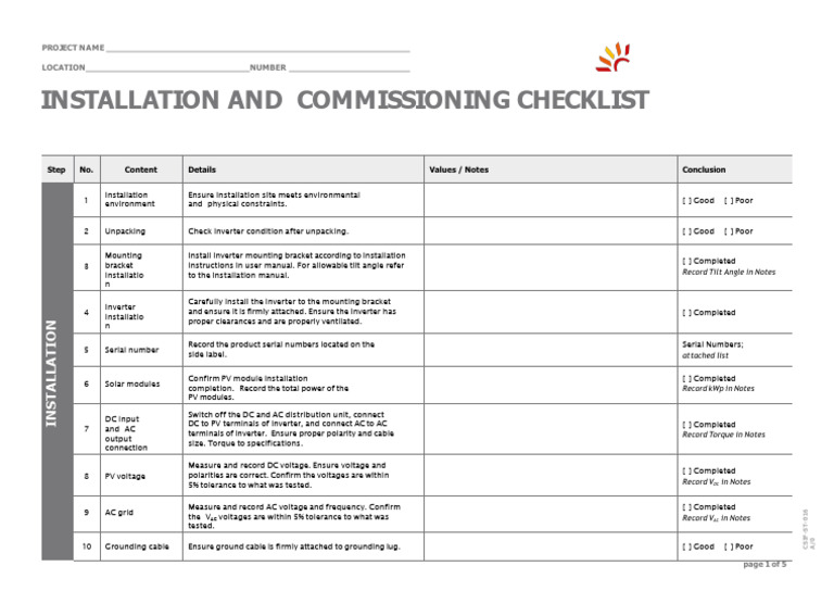 Installation & Commissioning Checklist | PDF | Power Inverter | Solar Panel