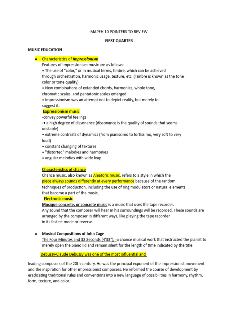 Mapeh 10 Pointers To Review 23 24 Ist 1 | PDF | Composition (Visual Arts) | Harmony