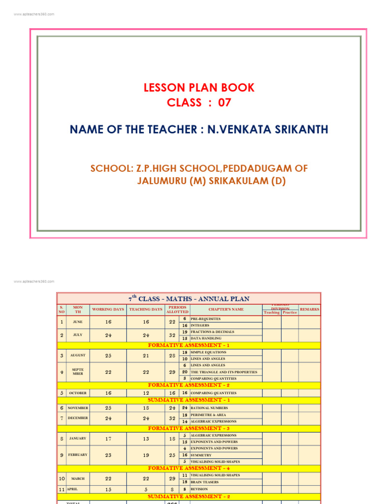 Lesson Plan Book Class: 07: Name of The Teacher: N.Venkata Srikanth ...