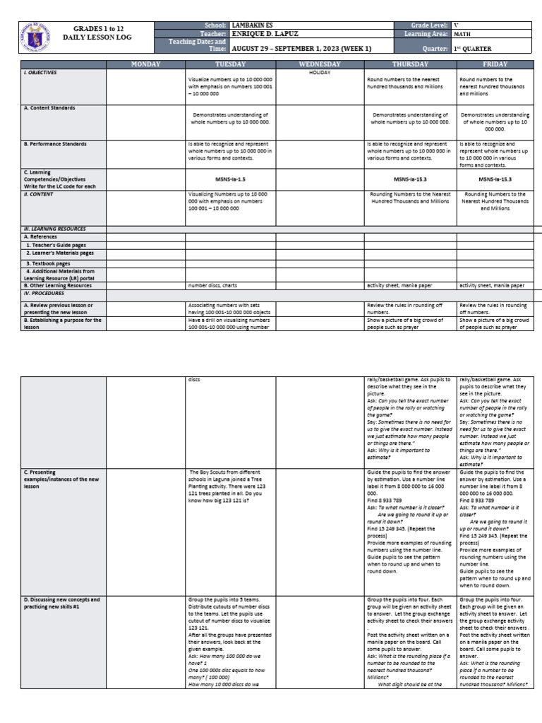 DLL - Math 5 - Q1 - W1 | PDF | Learning | Cognition