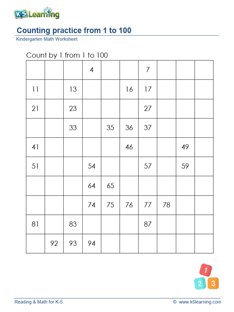 Kindergarten Counting Missing Number Sequence 1 100 C | PDF