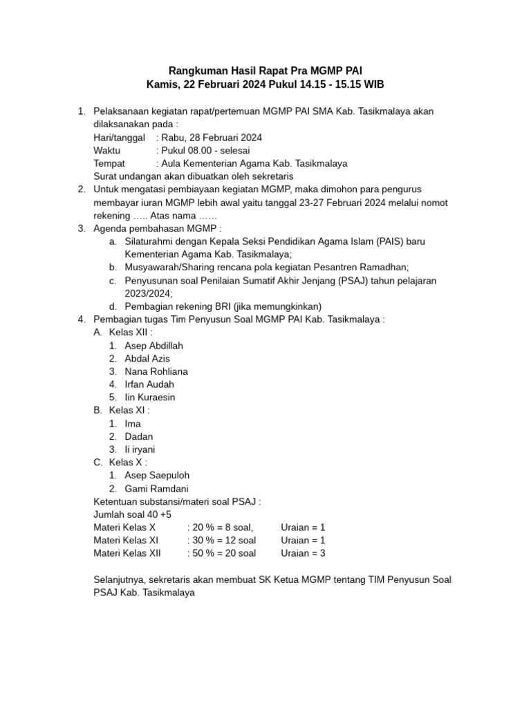 Rangkuman Hasil Rapat Pra MGMP PAI | PDF