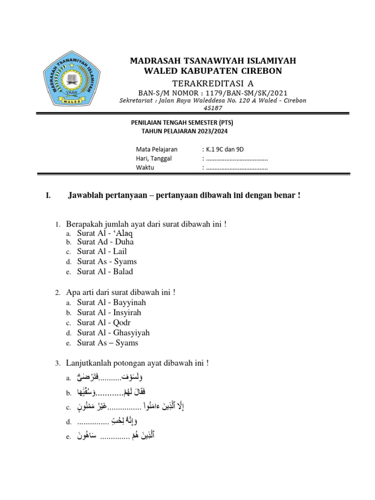 SOAL PTSBTQ KELAS 9C DAN 9D Smester 2 | PDF