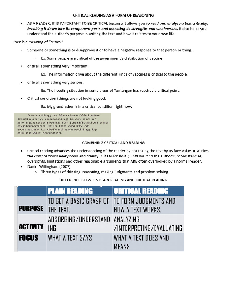 Handouts Critical Reading As Reasoning | PDF | Reason | Argument