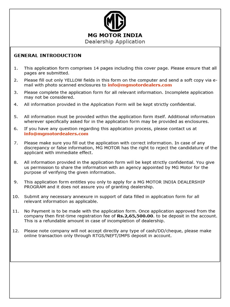 MG Motor Dealership Application Form | PDF | Equity (Finance) | Revenue