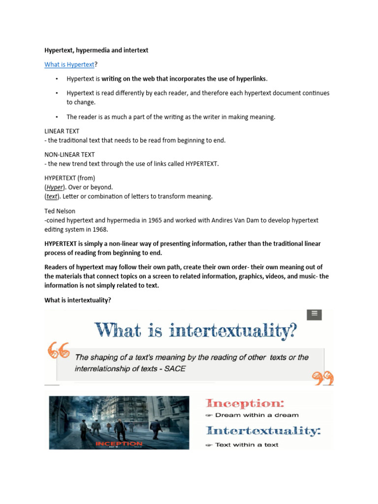 Handouts Hypertext Hypermedia Intertext | PDF | Intertextuality | Hypertext