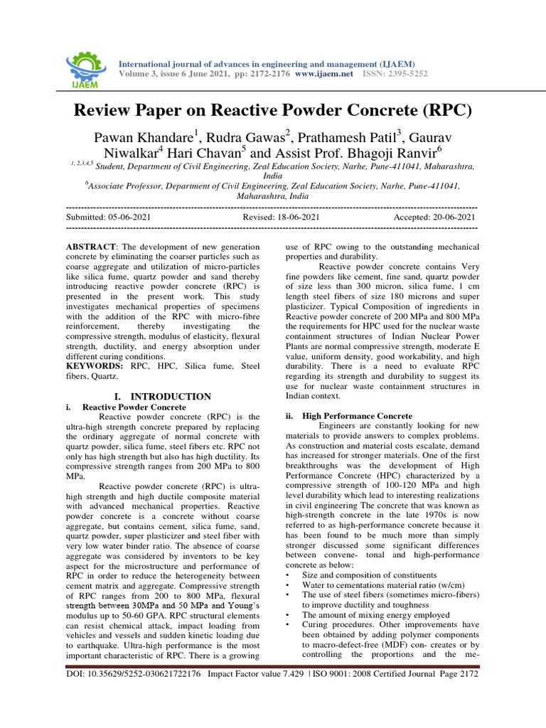 Review Paper On Reactive Powder Concrete RPC | PDF | Concrete | Cement