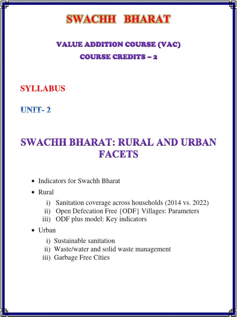 Unit 2 Swachh Bharat Rural And Urban Facets Pdf Sanitation Waste