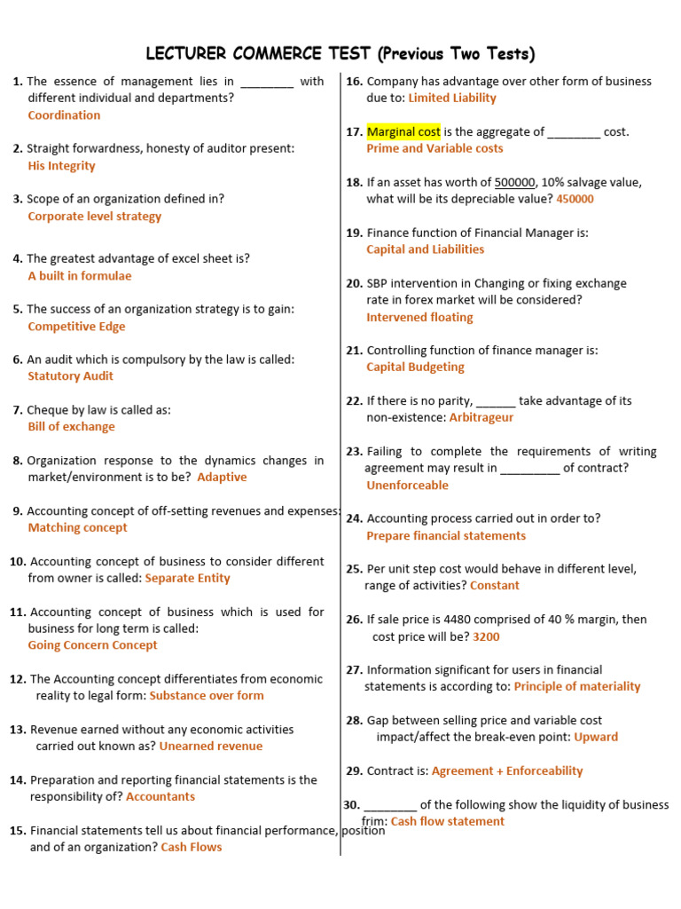 Lecturer Commerce Test | PDF | Expense | Revenue