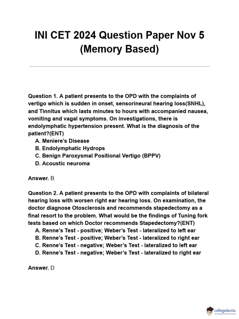 INI CET 2024 Question Paper | PDF | Vertigo | Hearing Loss