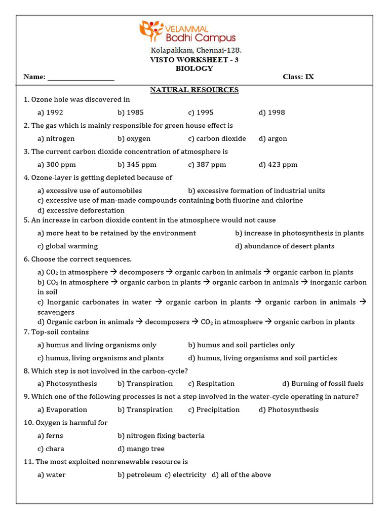IX Biology (Natural Resources) WS-3 | PDF | Carbon Cycle | Carbon Dioxide