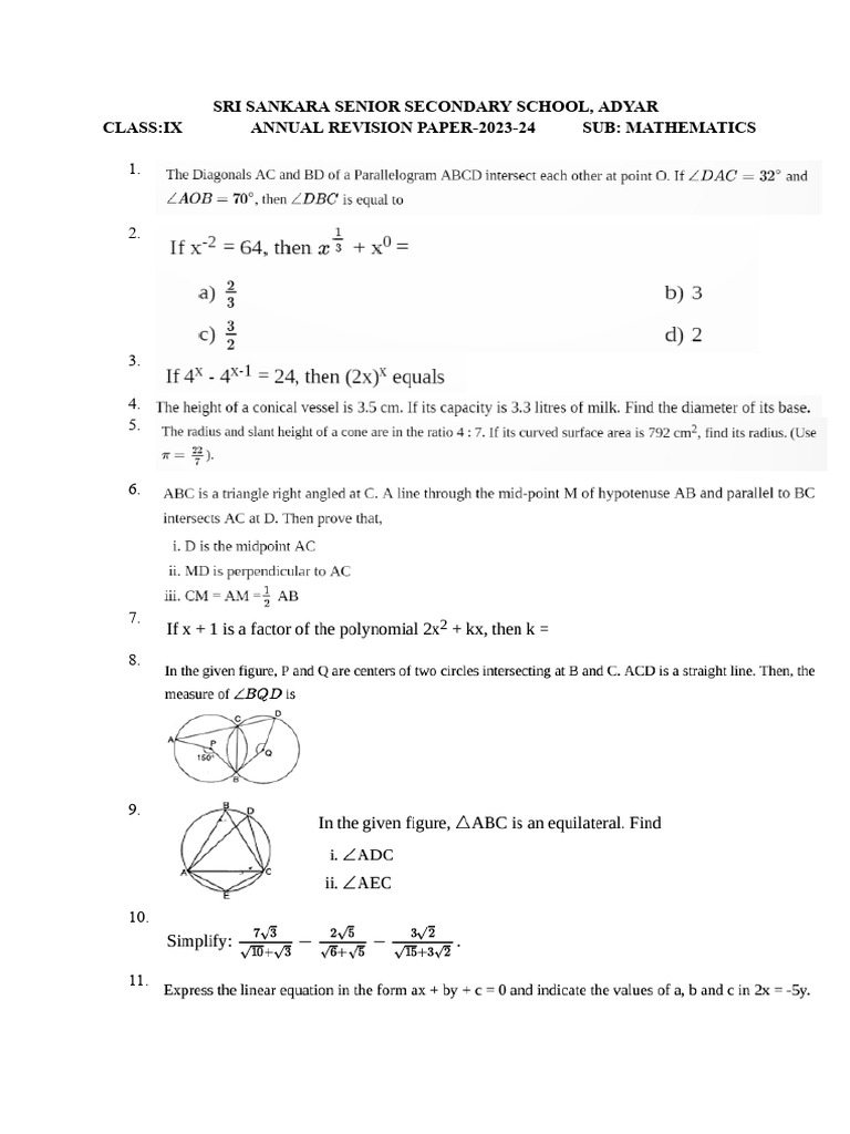9 Ae Math Rev-Paper-2023-24 | PDF
