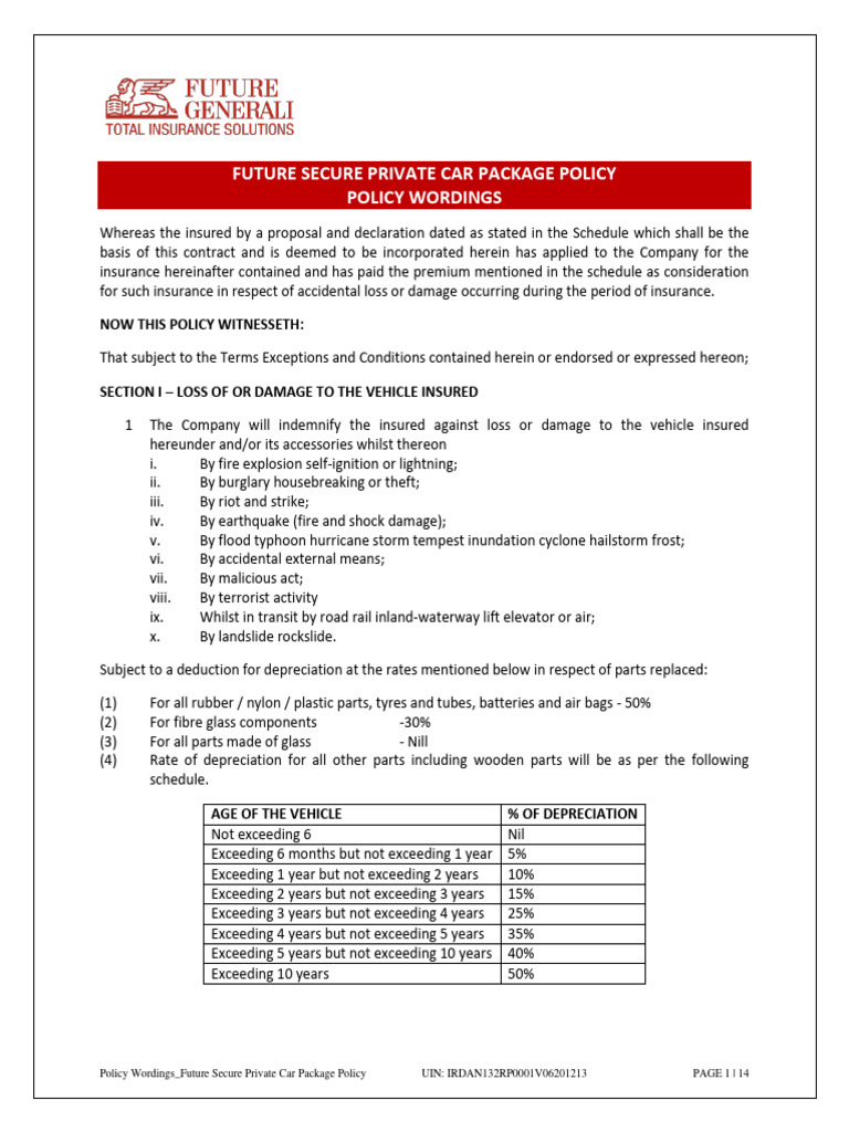 Future Secure Private Car Package Policy Wordings | PDF | Indemnity ...