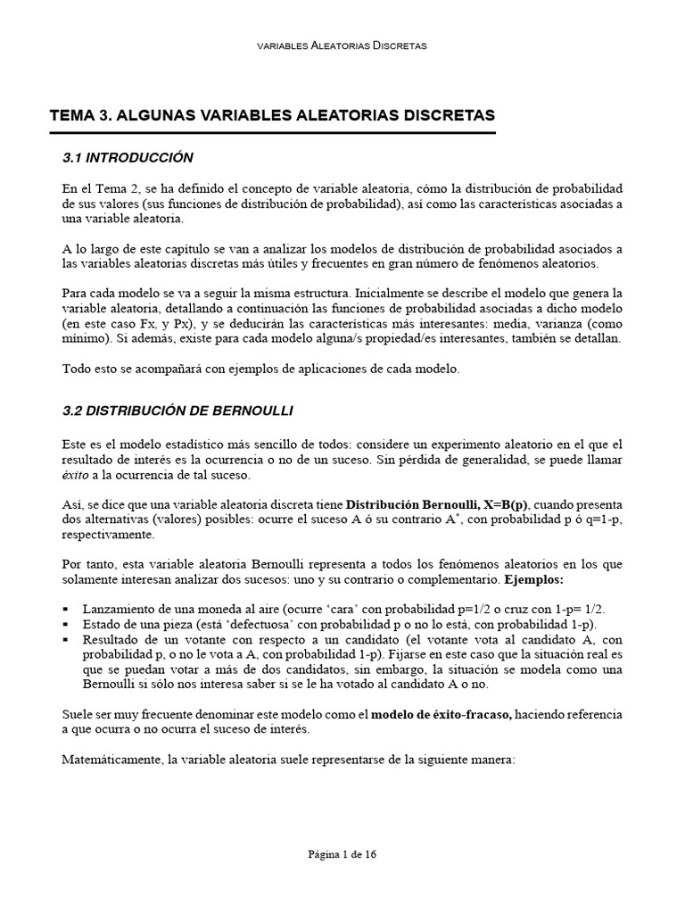 Tema 3. Algunas Variables Discretas | PDF | Teoría de probabilidad | Variable aleatoria