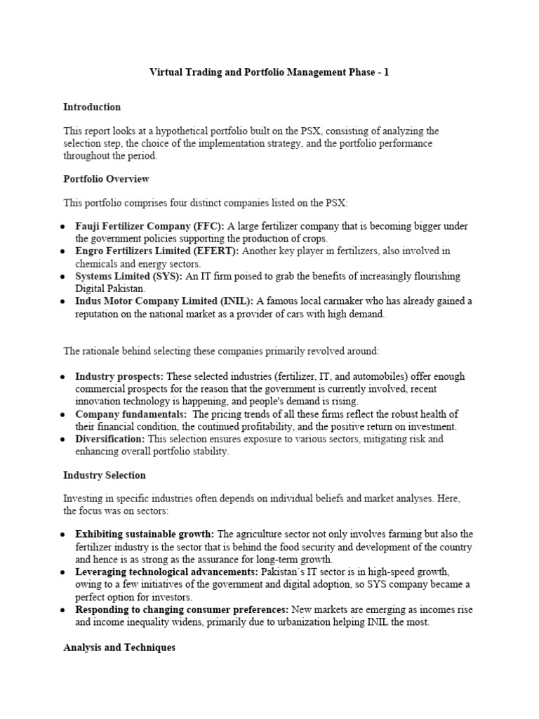 Portfolio Analysis And Investment Strategy In The Pakistan Stock