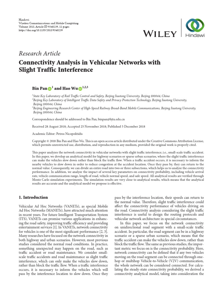 Research Article: Connectivity Analysis in Vehicular Networks With Slight Traffic Interference ...