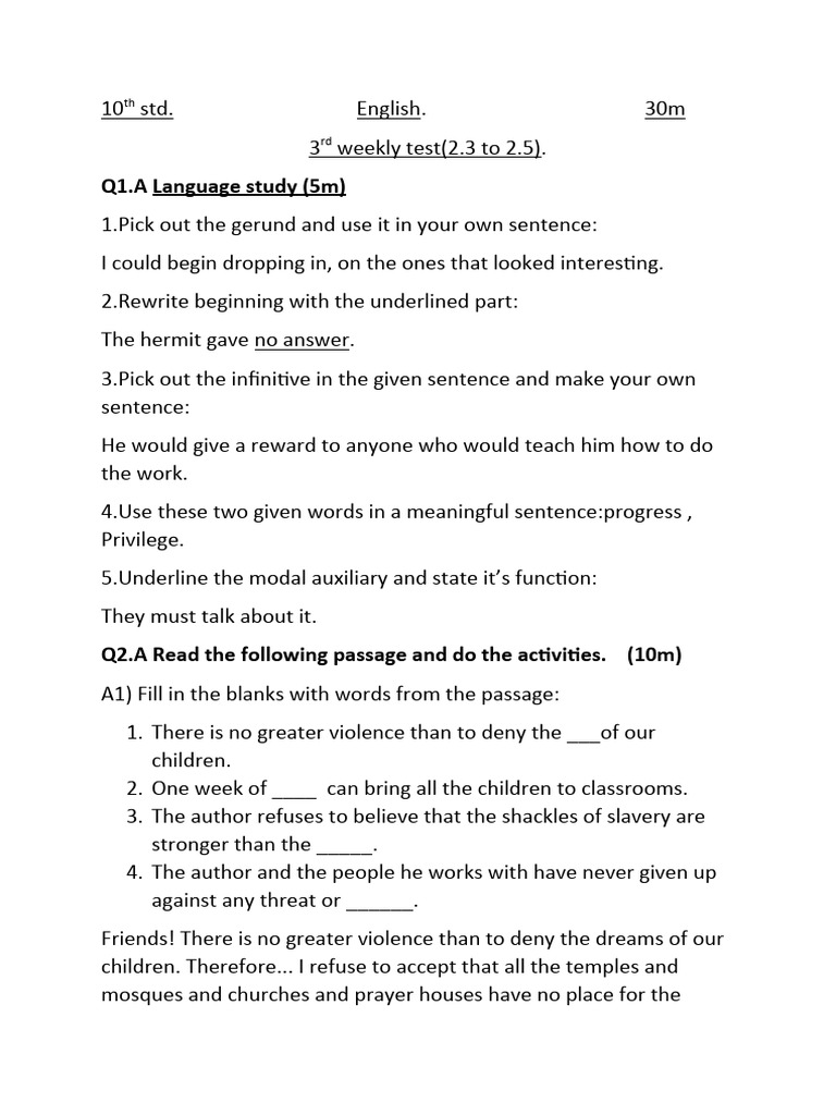 10rh Std. English 3rd Weekly Test. 30m | PDF