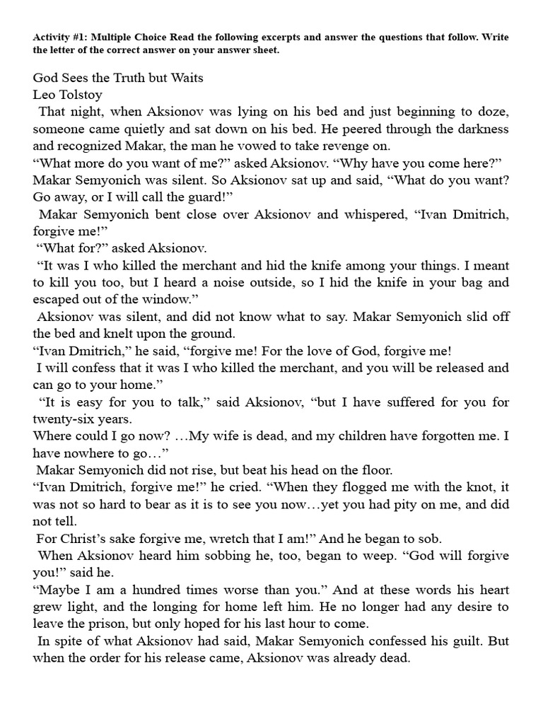 Reading Activity 1 God Sees The Truth But Waits | PDF | Forgiveness ...