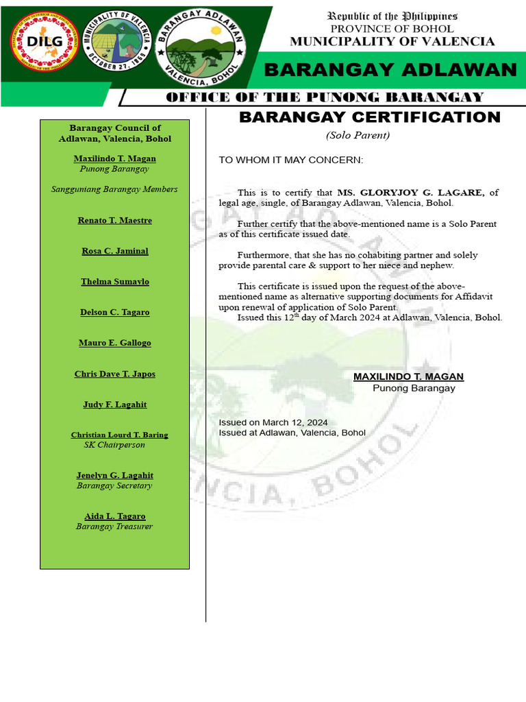 Certification Solo Parent 2024 | PDF