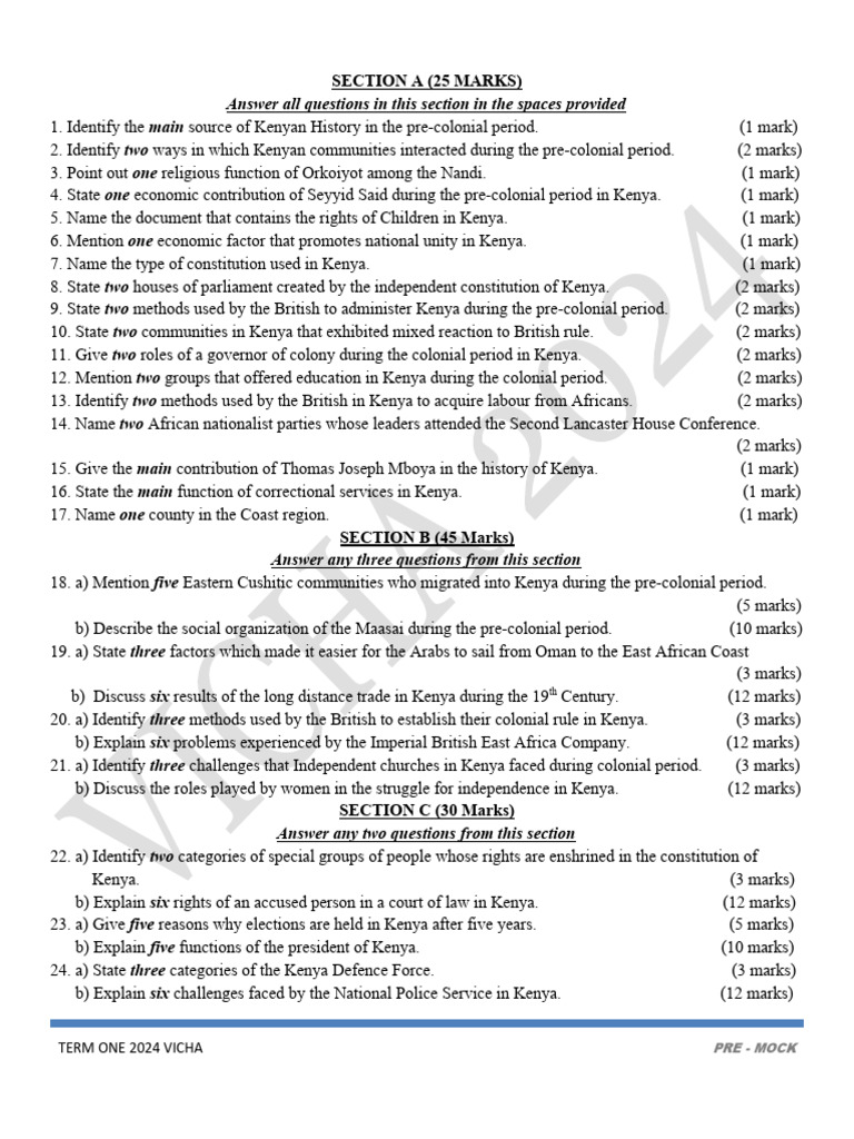 Vicha Pp1 2024 Pre-Mock | PDF | Kenya | East Africa Vicha Pp1 2024 Pre-Mock | PDF | Kenya | East Africa